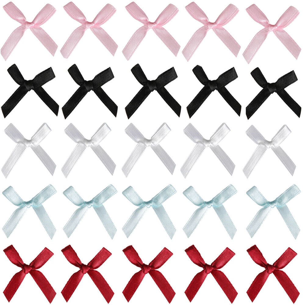 BLACK Slim Satin Bows 3cm Small Wide Pre-tied Bow 7mm Satin Ribbon ...