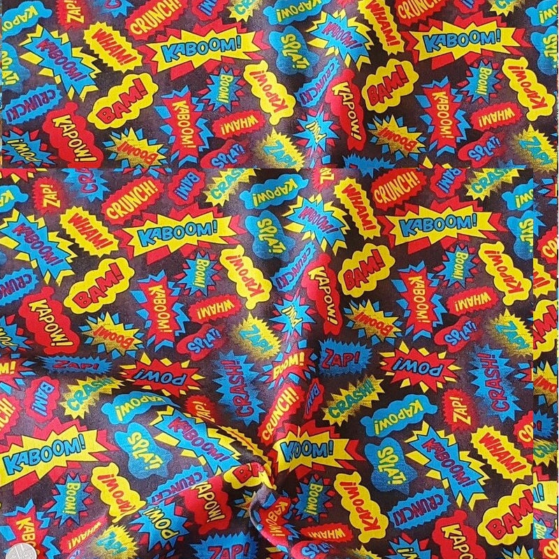 Superhero Comic Sound Kapow Bam Boom Polycotton Fabric 45'' Wide per ...