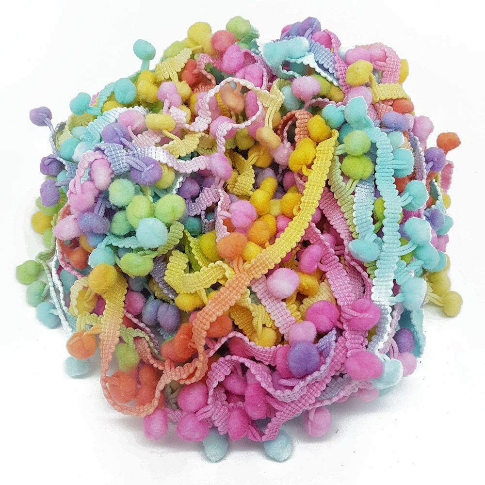 Pastel Colourful 1M 5mm Tassel Rainbow Pom Pom Bobble Trim Braid Fringe ...