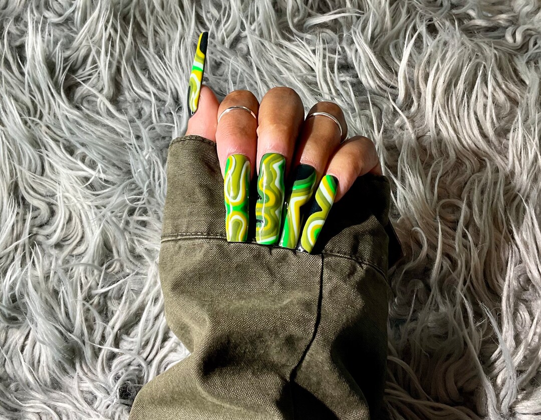 Doja Retro Green Nails Square Long Xl Xxl Instagram Trend Nails Hand ...