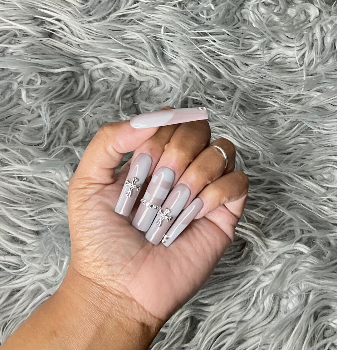 Gray Joggers Xl Tapered Square French Tip Double Ombré Bling Press on ...