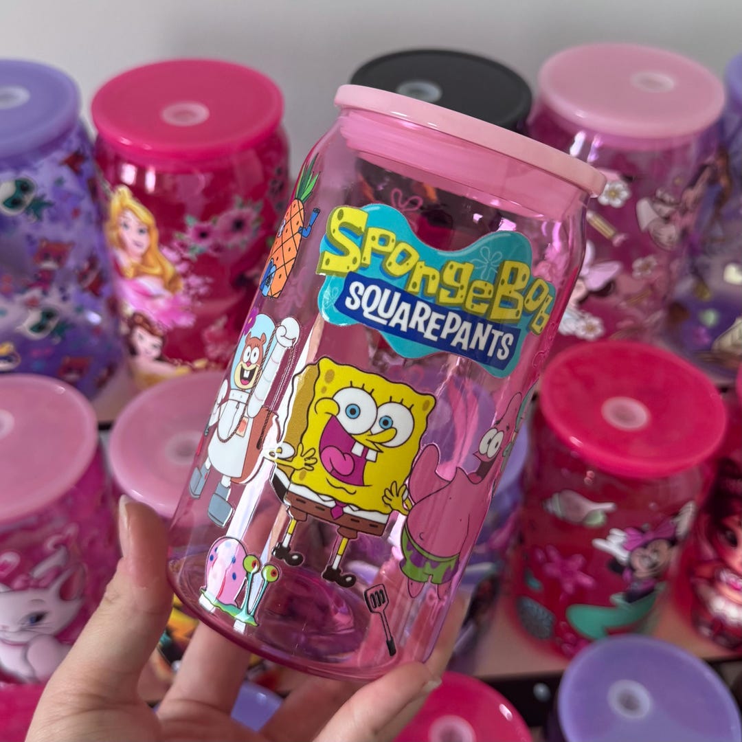 Spongebob Can Shape Plastic Cup | Character 16oz Can Cup | UV DTF ...