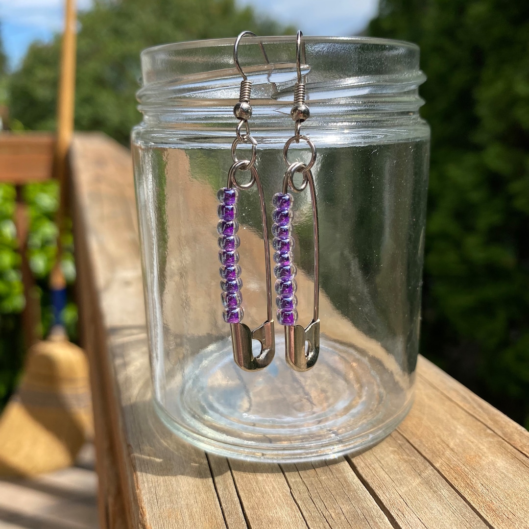 Purple Beaded Safety Pin Dangle Earrings - Etsy