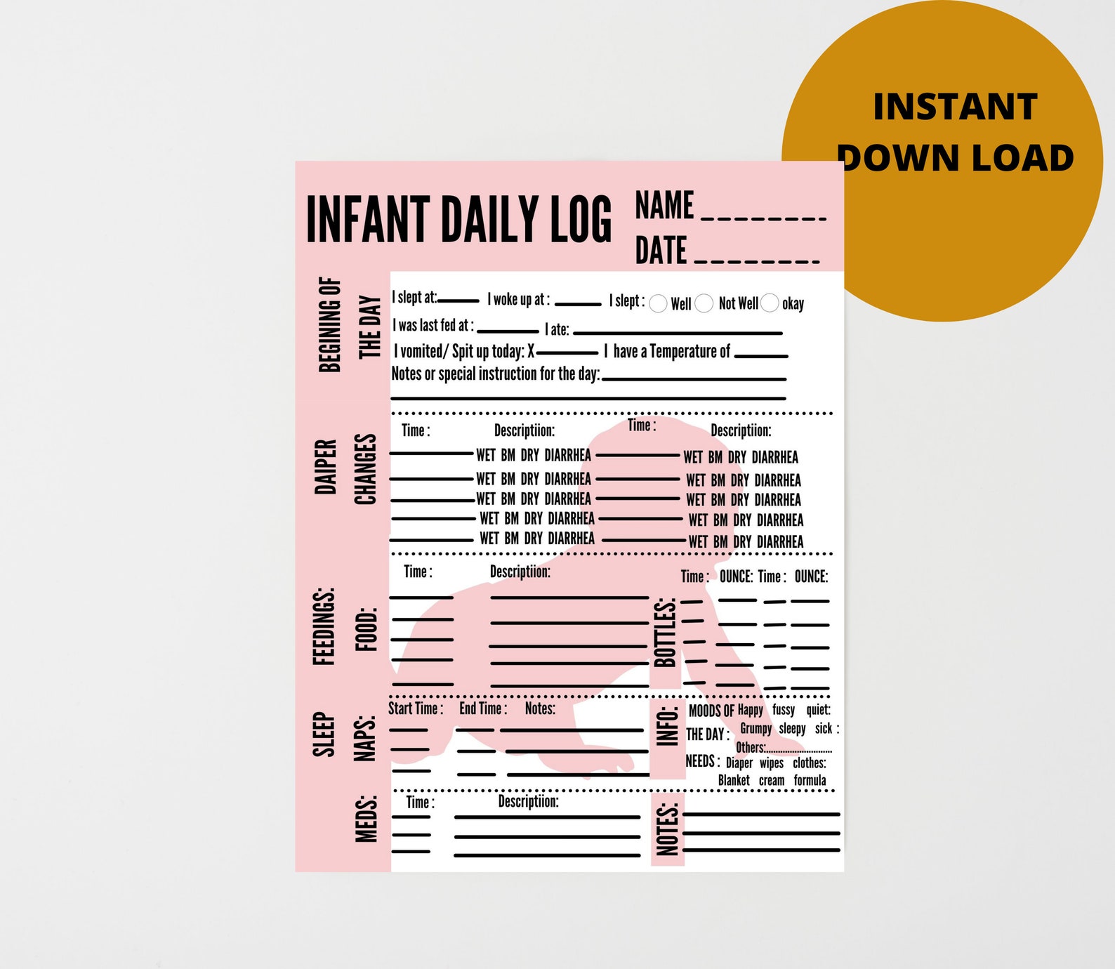 Infant Daily Log| Printable Nanny Log |daily Infant Care Sheet ...