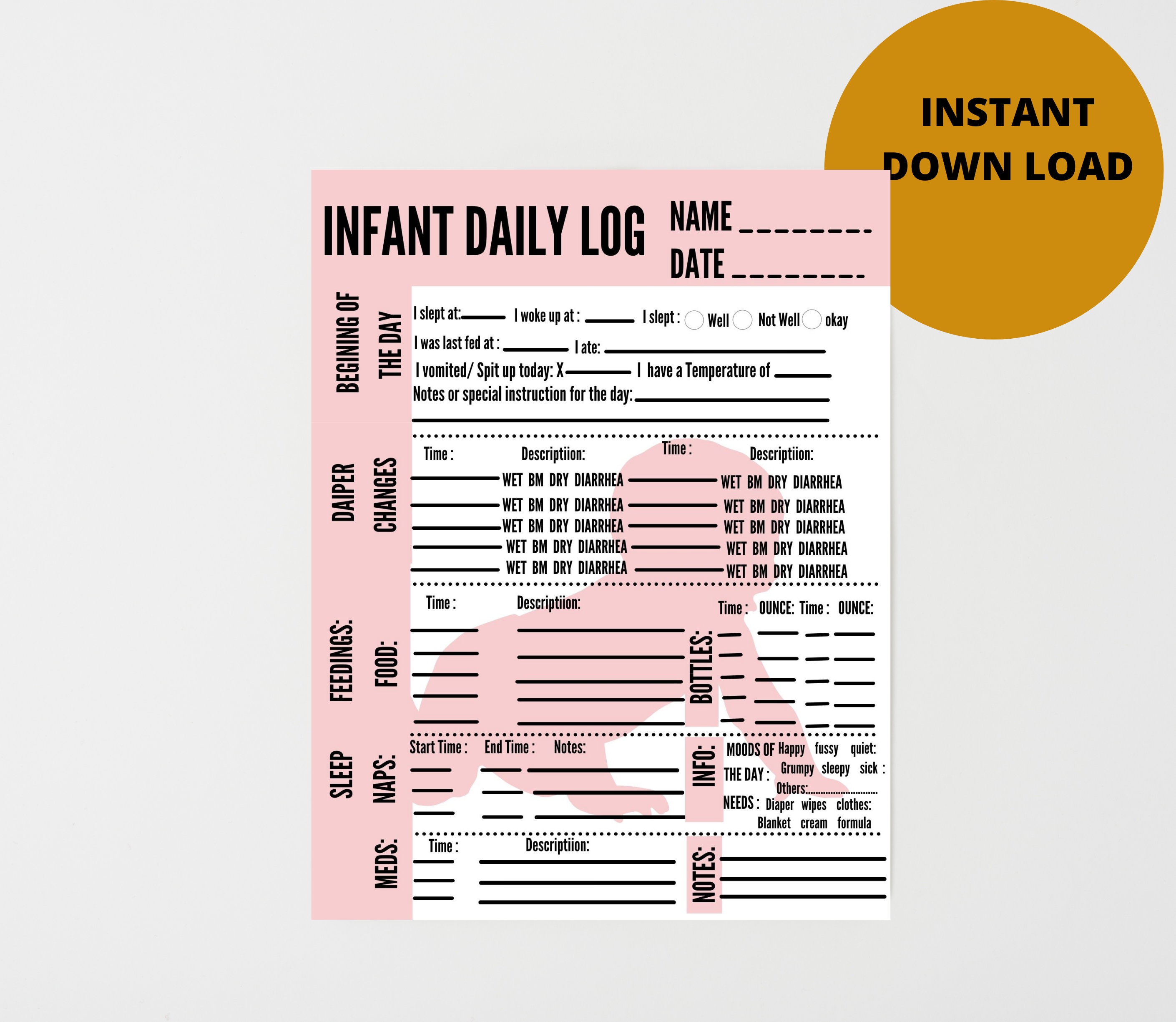 Infant Daily Log| Printable Nanny Log |daily Infant Care Sheet ...