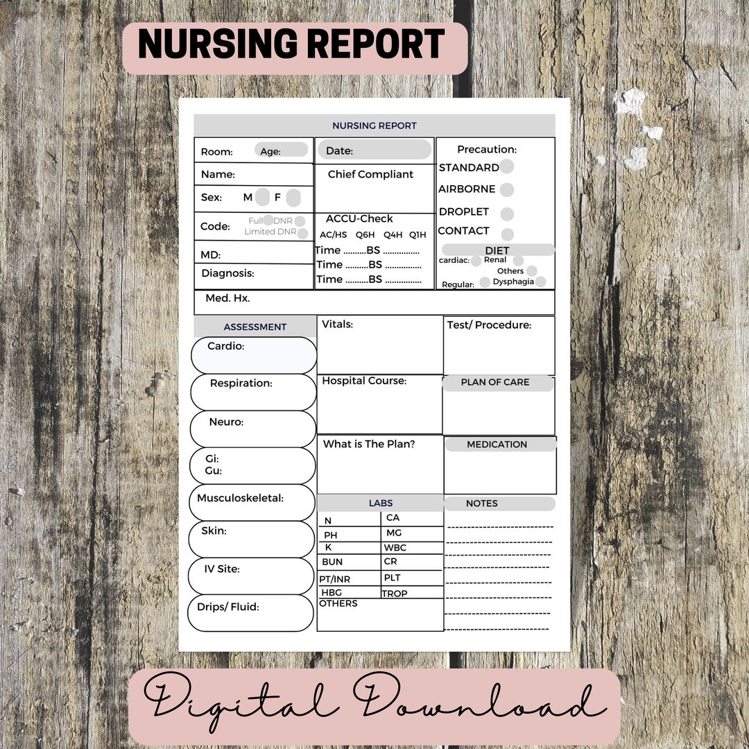 Nursing Report Sheet | RN Report Sheet| Nurse Brian Sheet| Nurse Check ...