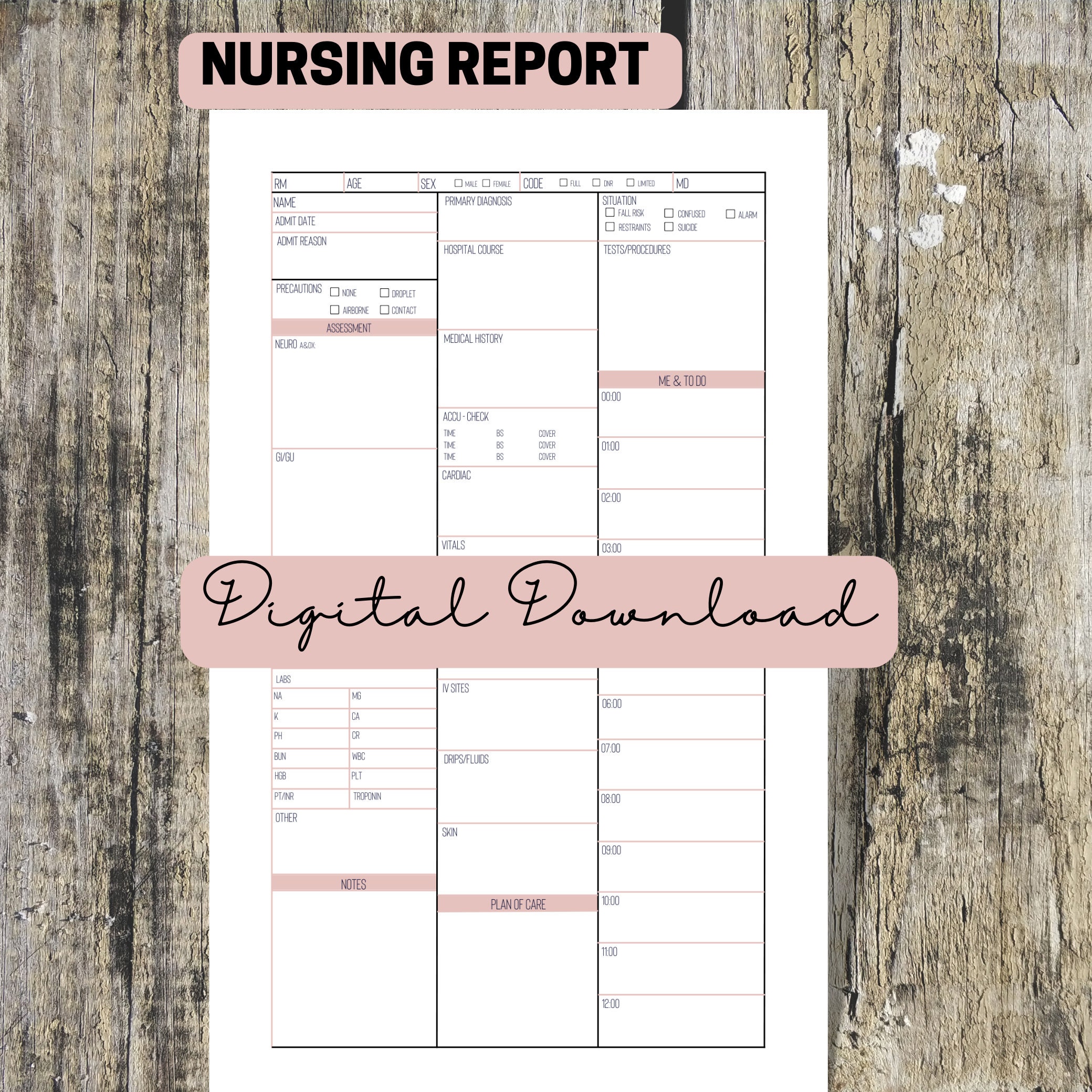 Nursing Report Sheet| RN Report Sheet| Nurse Brian Sheet| Nurse Check ...