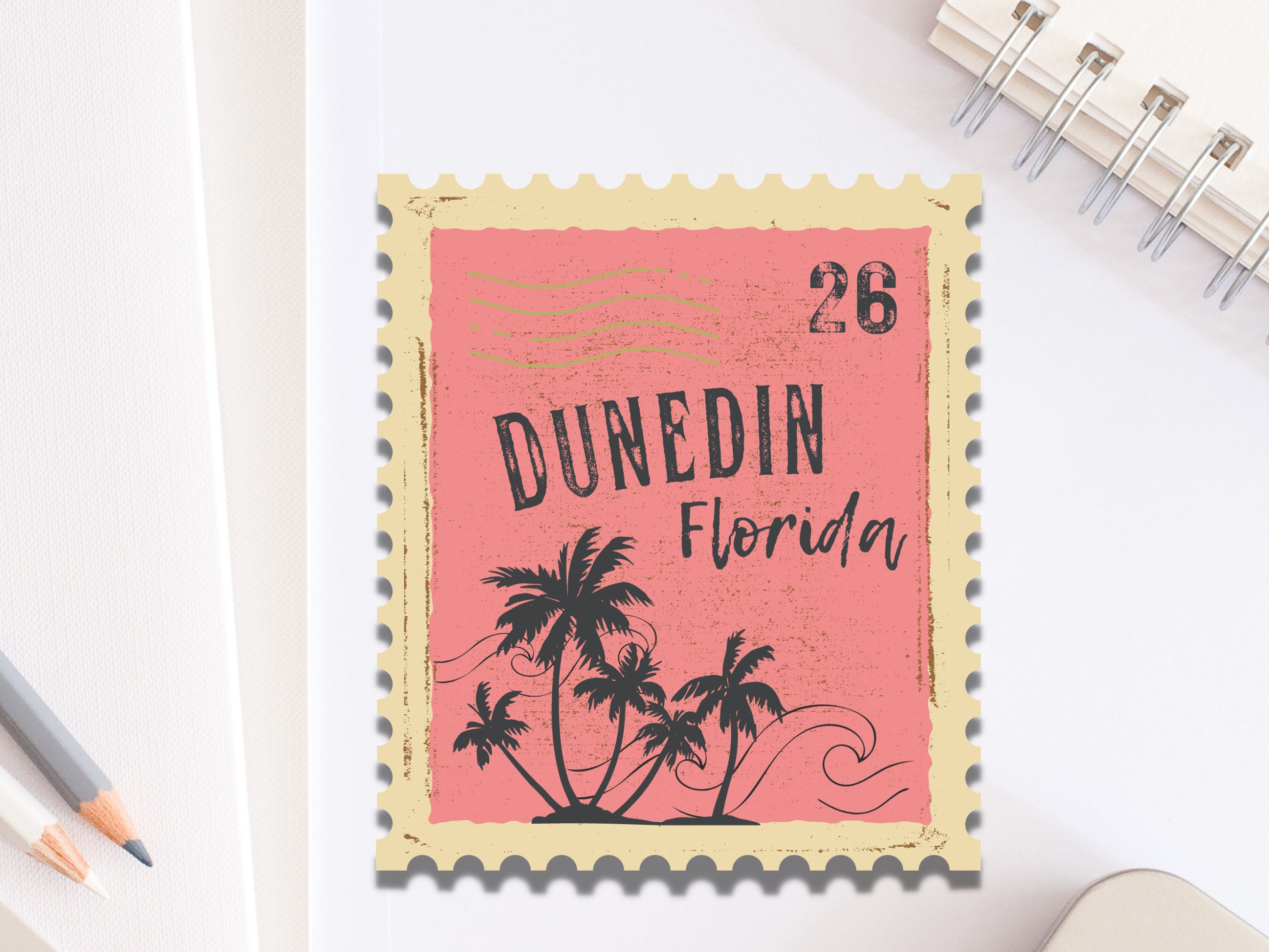 Dunedin, Florida Beach Stamp Sticker for Laptop | Pink Palm Trees ...