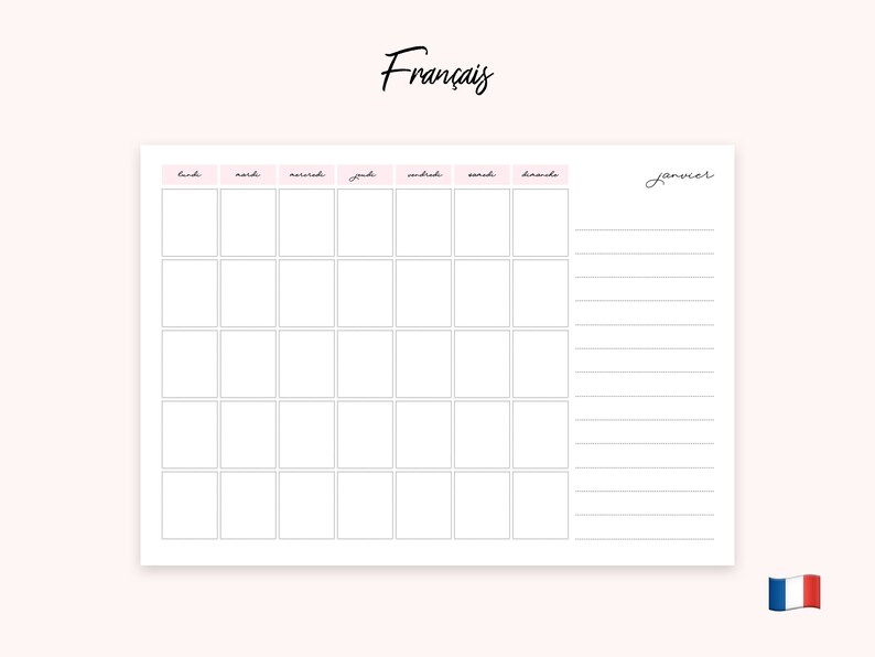 ELEGANT PLANNER / Printable Monthly Blank Calendar / Multilingual ...