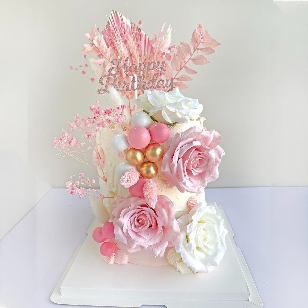 Pink Gold Cake Topper Set With Pink Gold Palm Spears | Dried Flowers ...