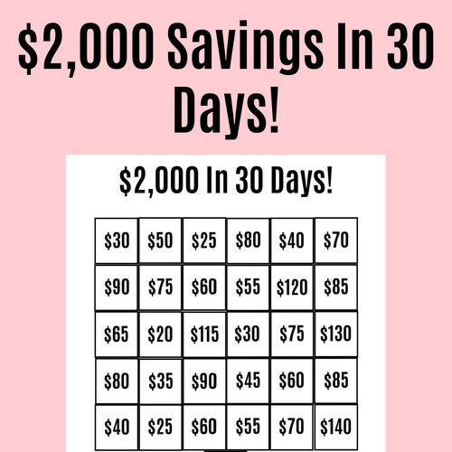 2000 Money Saving Challenge Printable / Save 2000 in 30 Days - Etsy