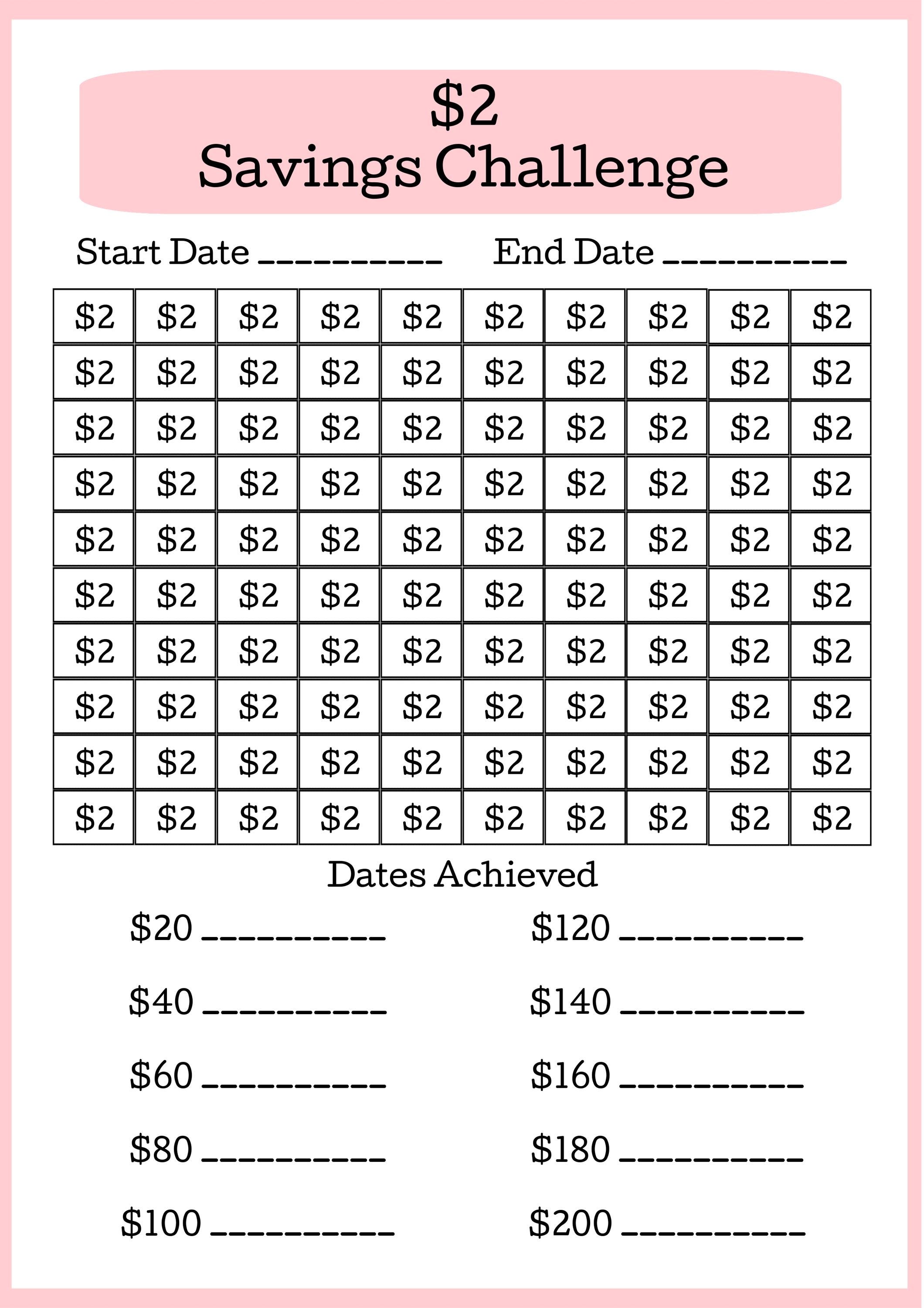 2 Dollar Savings Challenge Printable / 2 Dollar Challenge Fits A6 ...