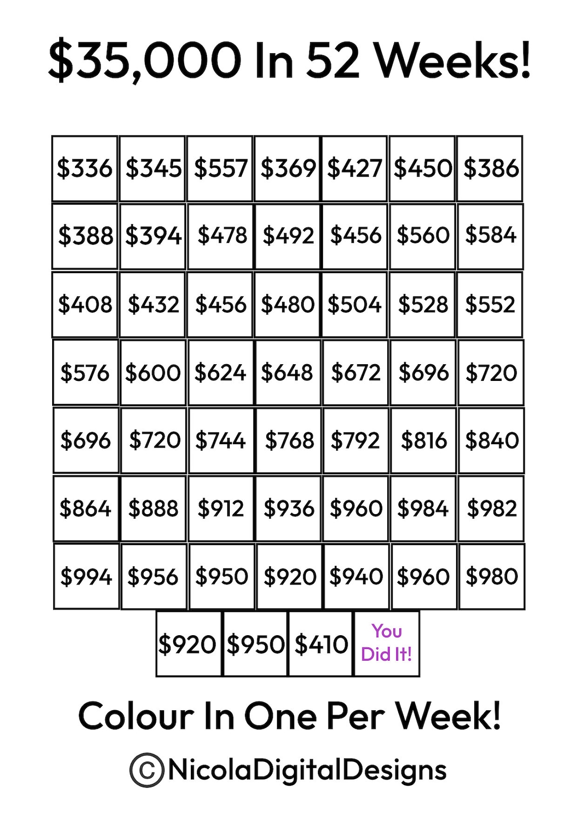 35,000 Money Saving Challenge Printable / Save 35,000 in 52 Weeks ...