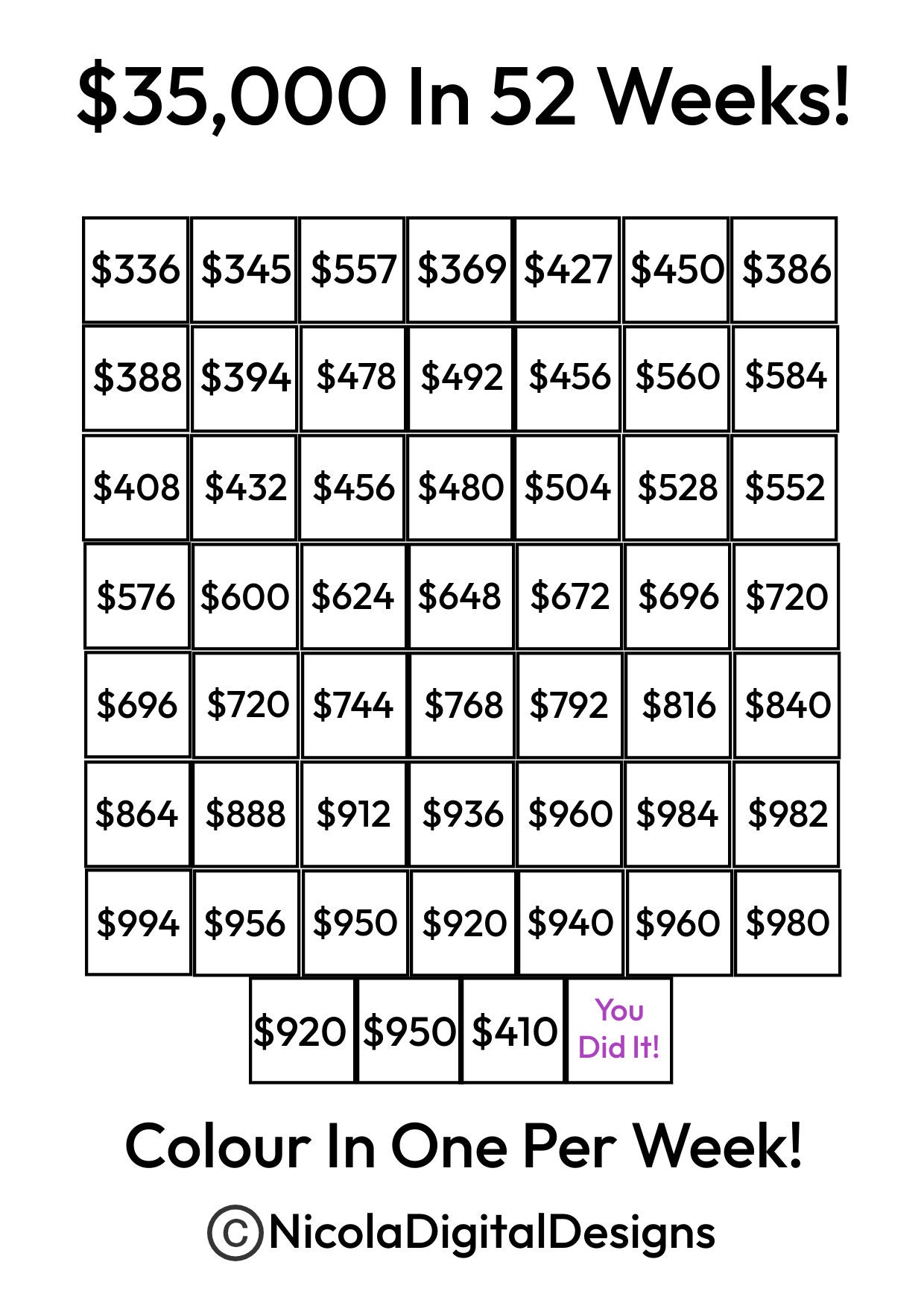 35,000 Money Saving Challenge Printable / Save 35,000 in 52 Weeks ...