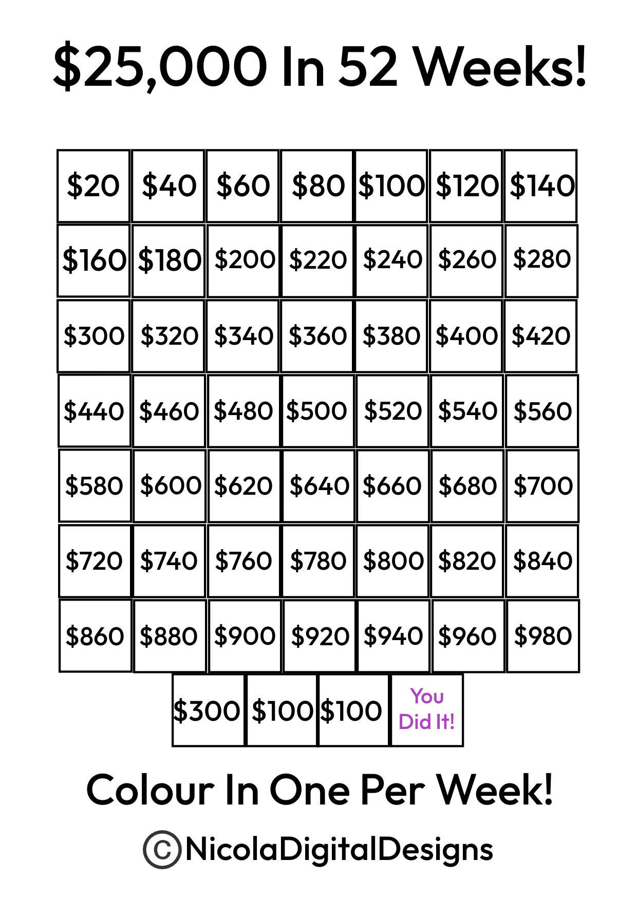 25,000 Money Saving Challenge Printable / Save 25,000 in 52 Weeks ...