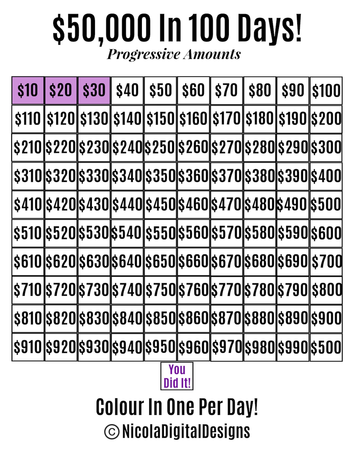 50,000 Money Saving Challenge Printable / Save 50,000 in 100 Days ...