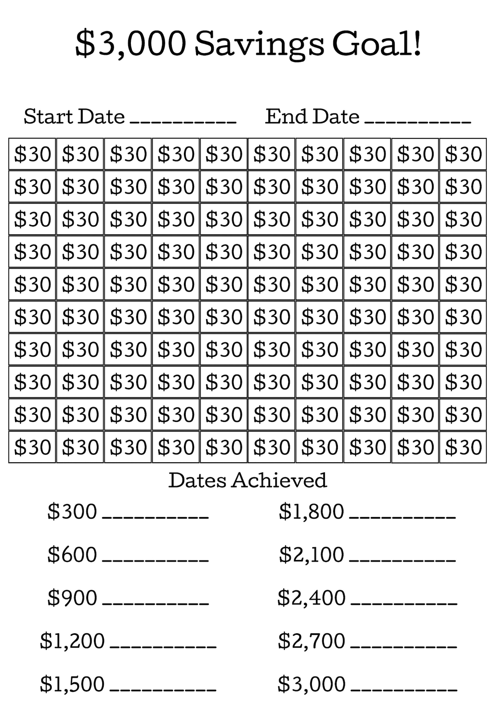 3,000 Savings Goal / 3,000 Savings Challenge / Savings Tracker ...