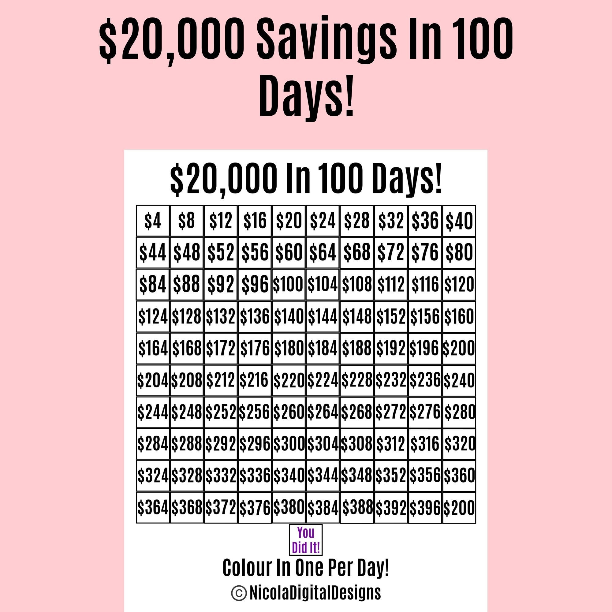 20 000 Money Saving Challenge Printable Save 20 000 In 100 Days
