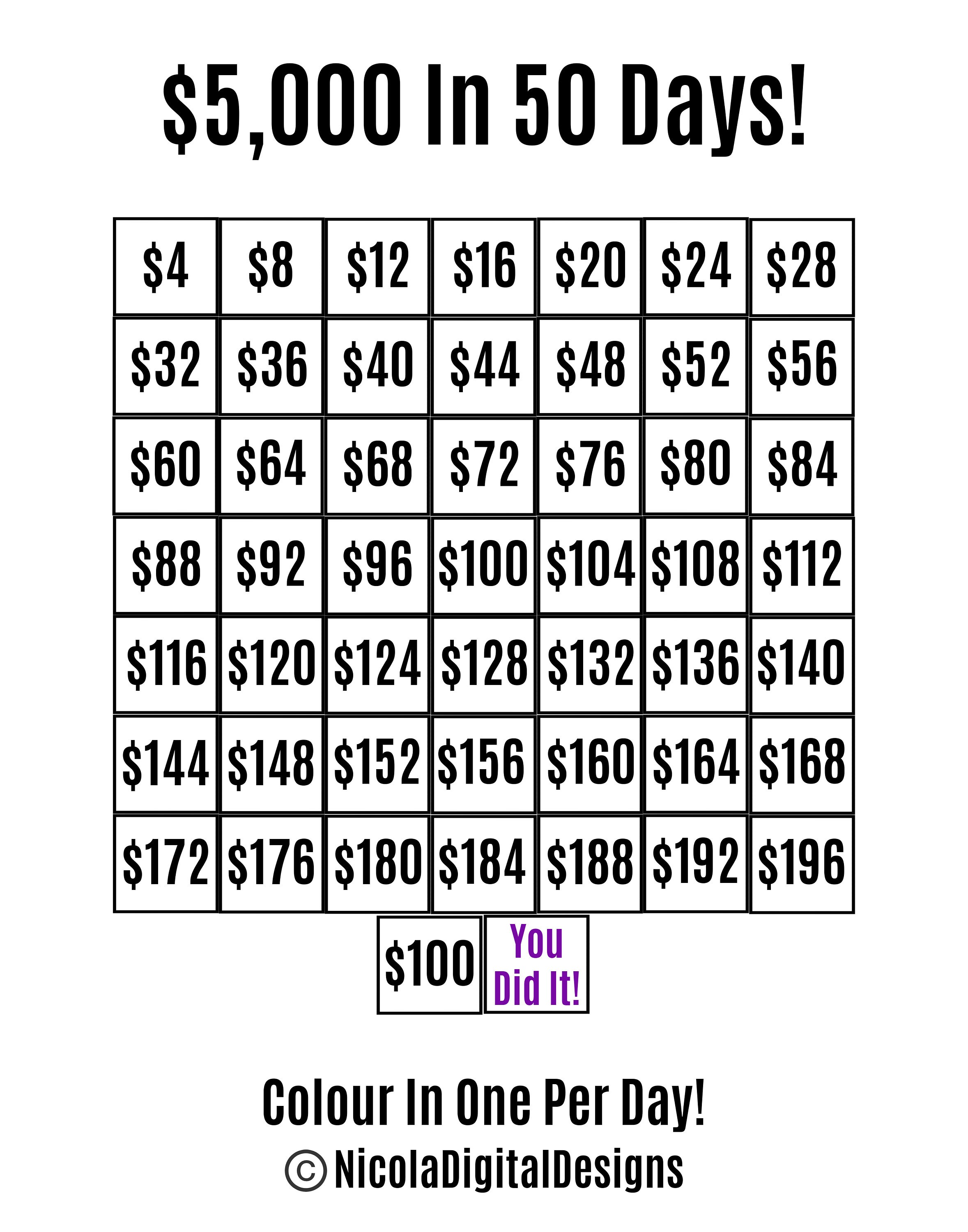 5 000 Money Saving Challenge Printable Save 5 000 In 50 Days 5 000 Money Saving Challenge Printable Save 5 000 In 50 Days