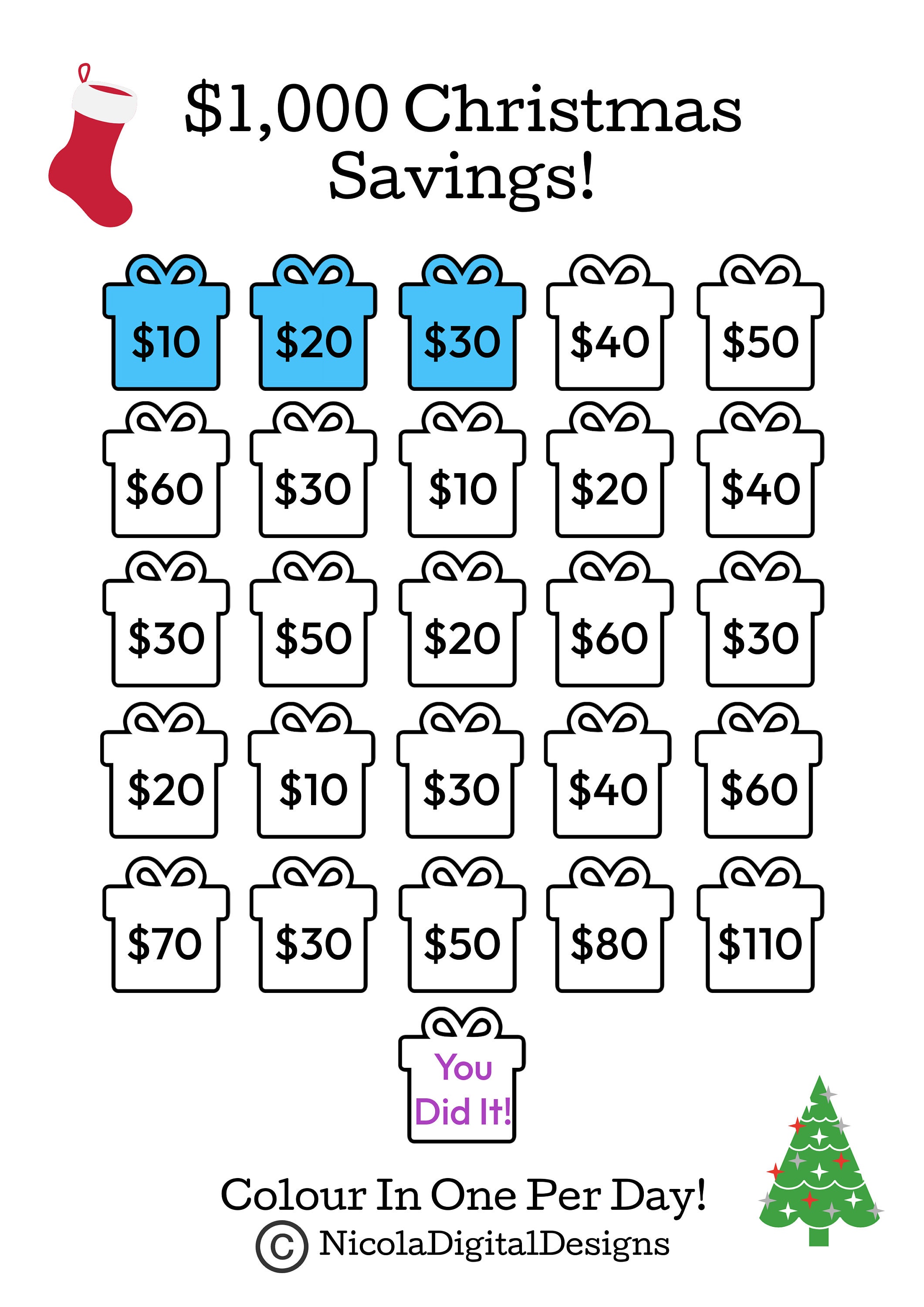 1,000 Christmas Savings Printable, 1,000 Money Savings Challenge ...