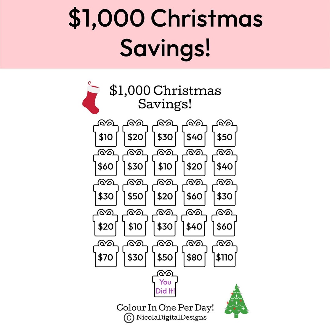 1,000 Christmas Savings Printable, 1,000 Money Savings Challenge ...