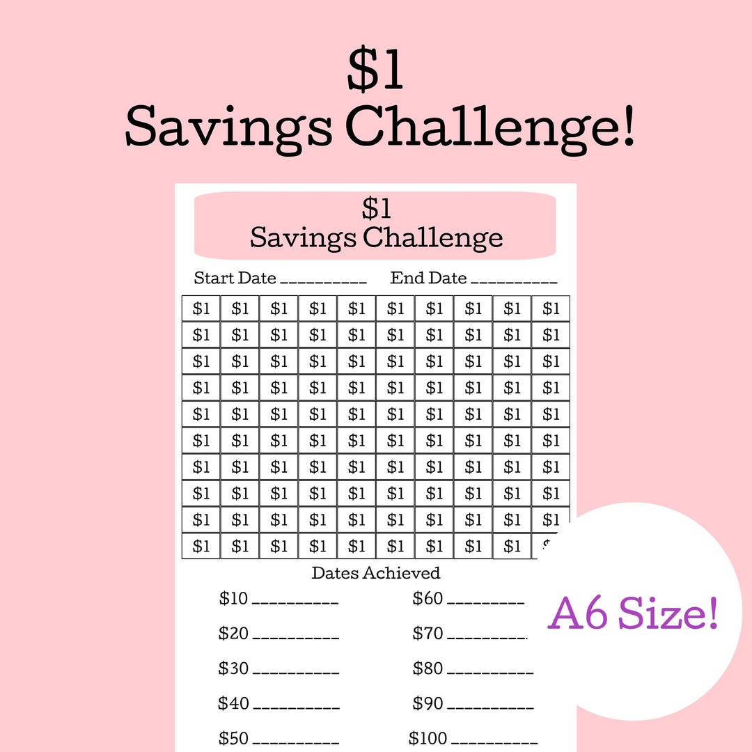 1 Dollar Savings Challenge Printable / 1 Dollar Challenge Fits A6 ...
