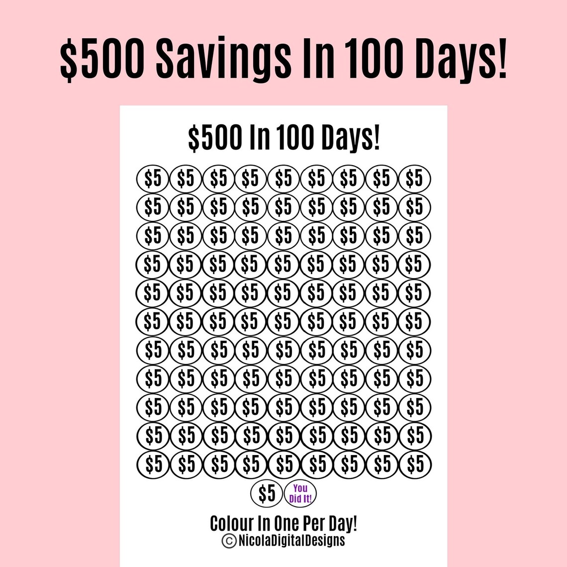 500 Money Saving Challenge Printable / Save 500 in 100 Days / Savings Tracker / Savings ...