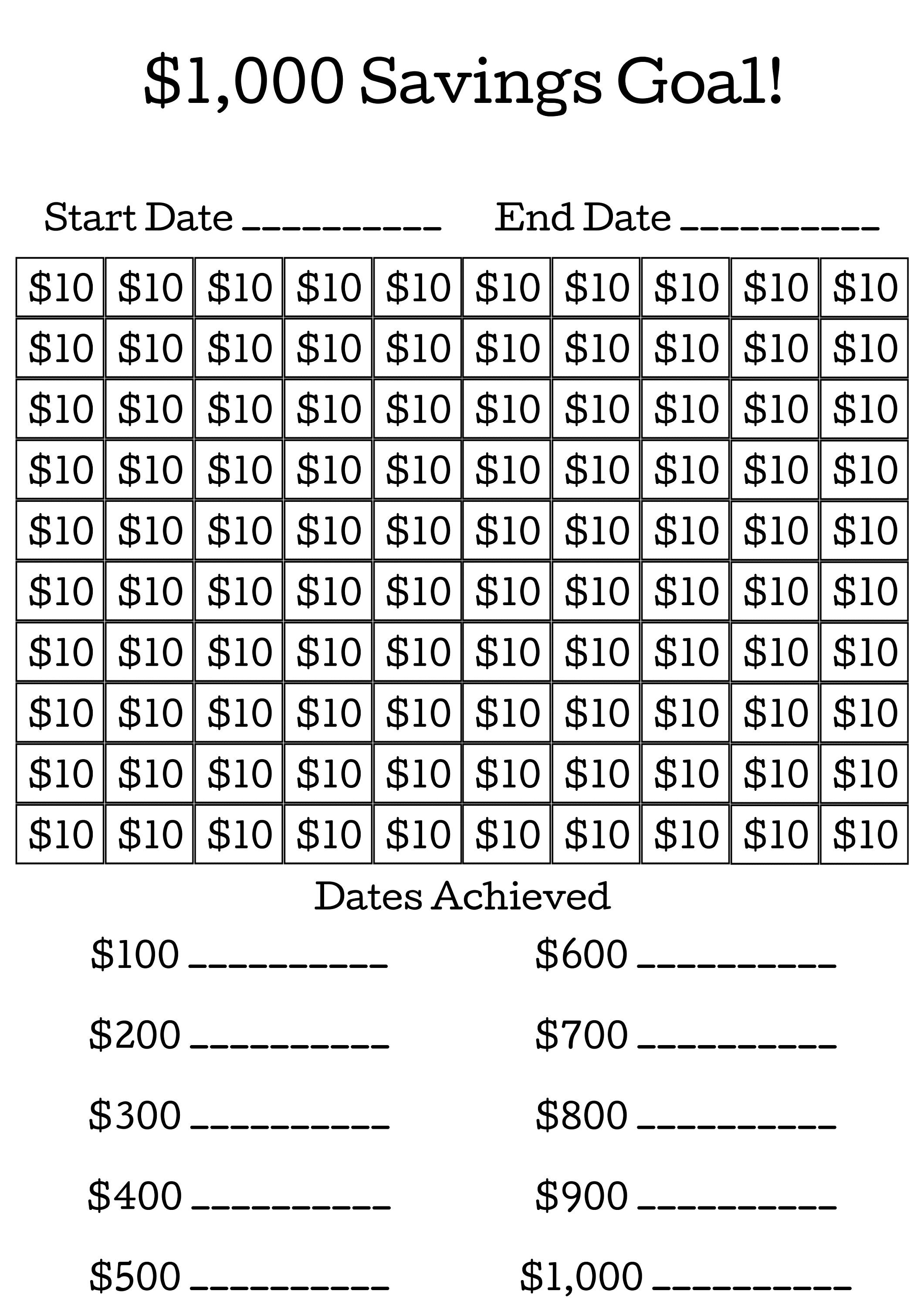 1,000 Savings Goal / 1,000 Savings Challenge / Savings Tracker ...