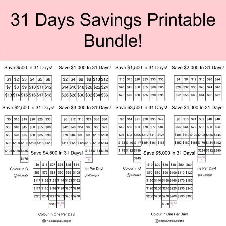31 Days Savings Printable Bundle / Money Saving Challenge / Savings ...