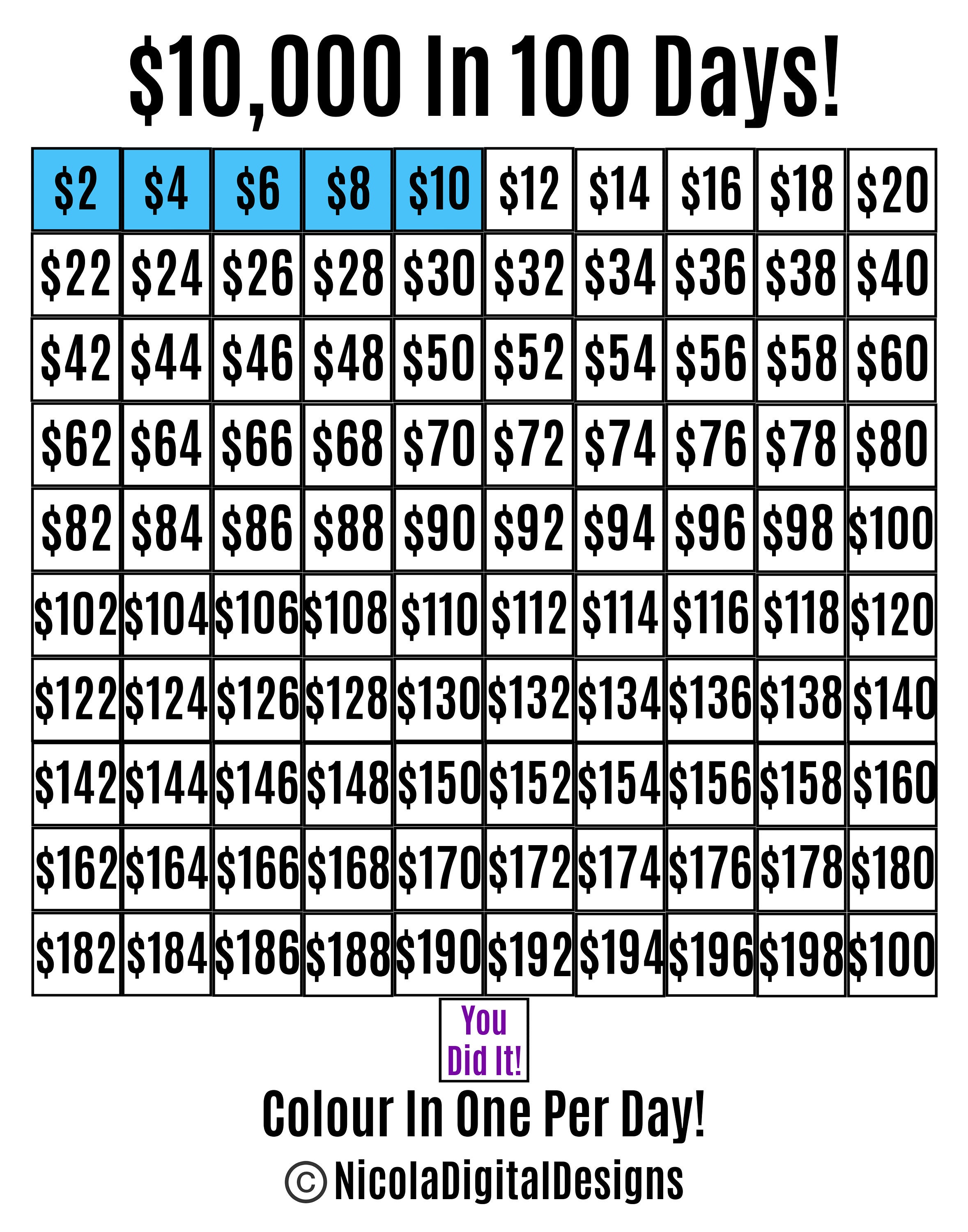 10 000 Money Saving Challenge Printable Save 10 000 In 100 Days