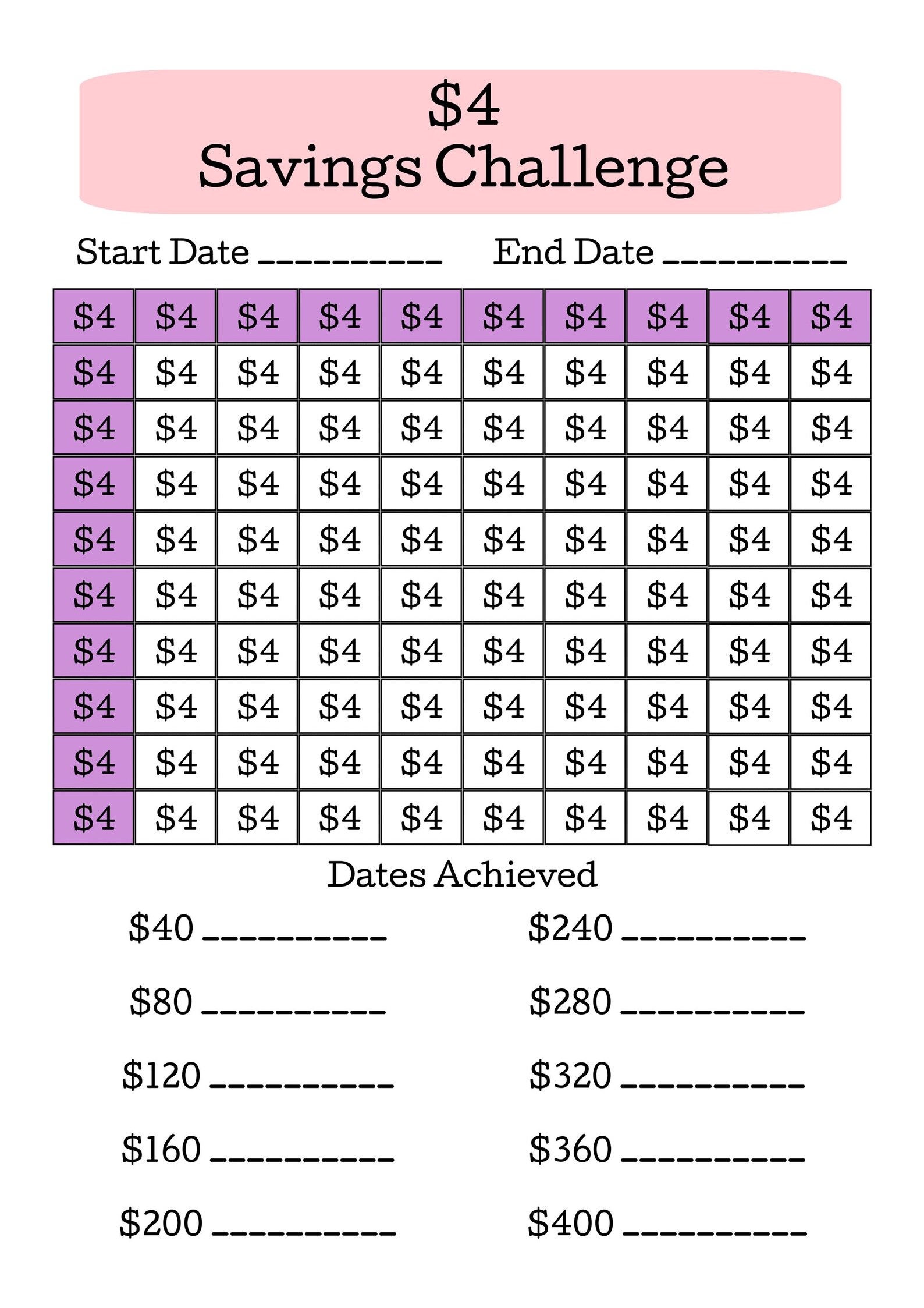 4 Dollar Savings Challenge Printable / 4 Dollar Challenge Fits A6 ...