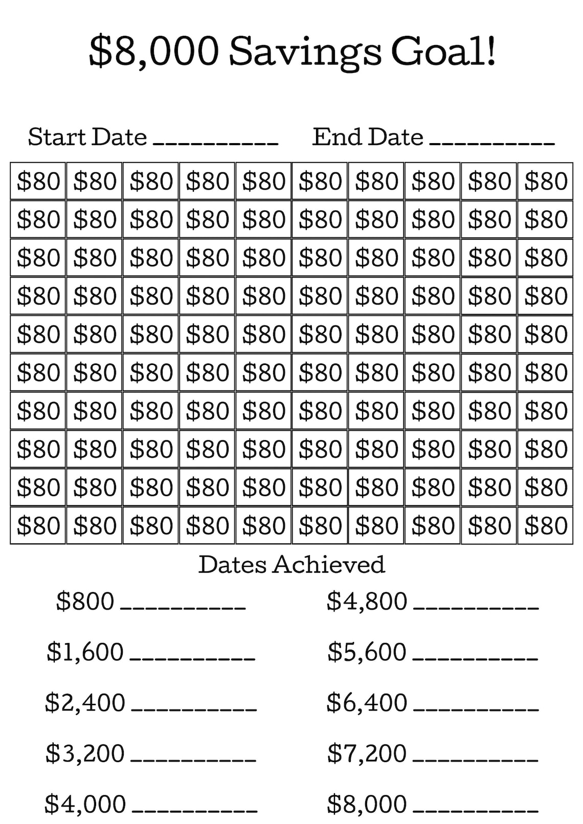 8,000 Savings Goal / 8,000 Savings Challenge / Savings Tracker ...