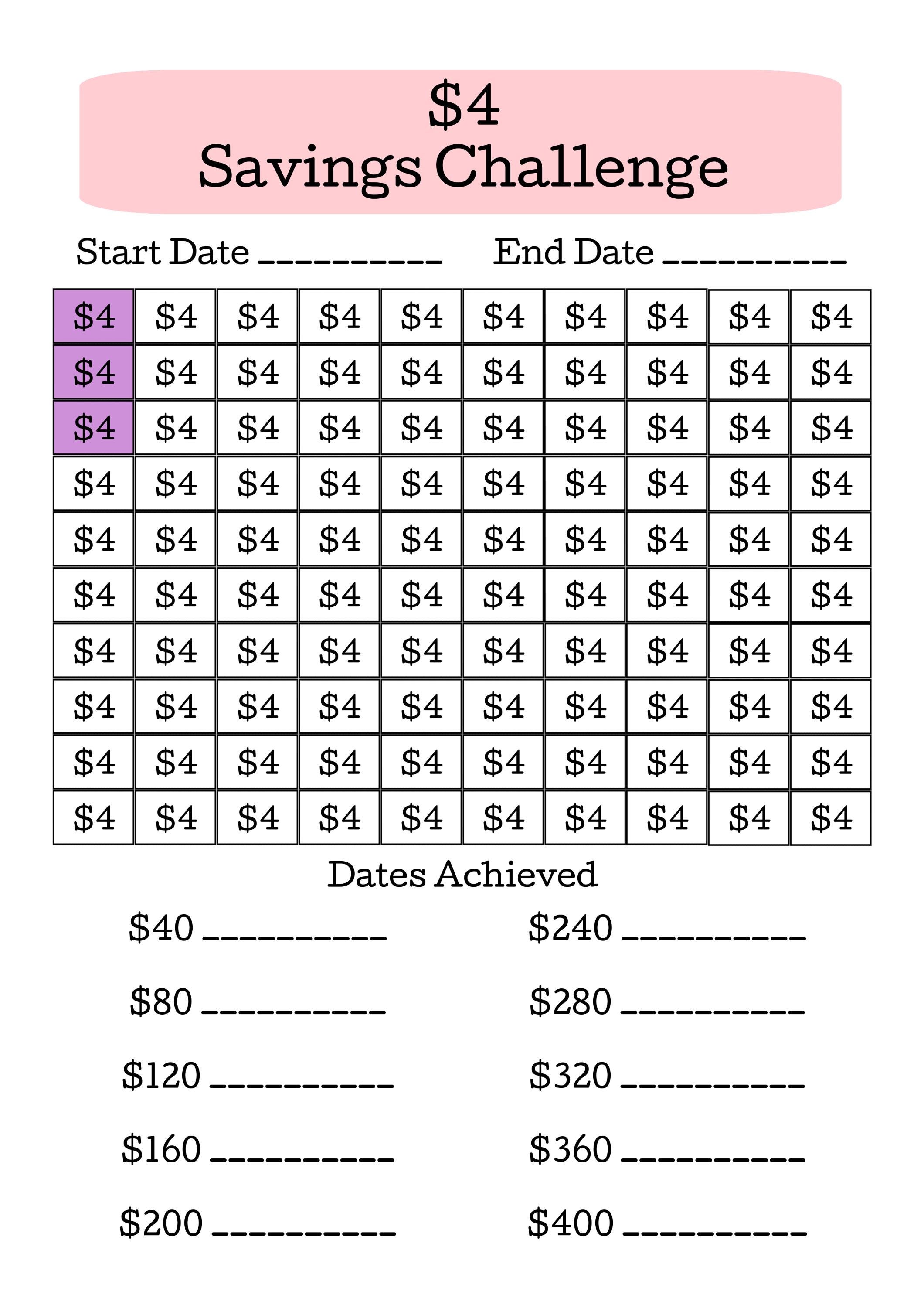 4 Dollar Savings Challenge Printable / 4 Dollar Challenge Fits A6 ...