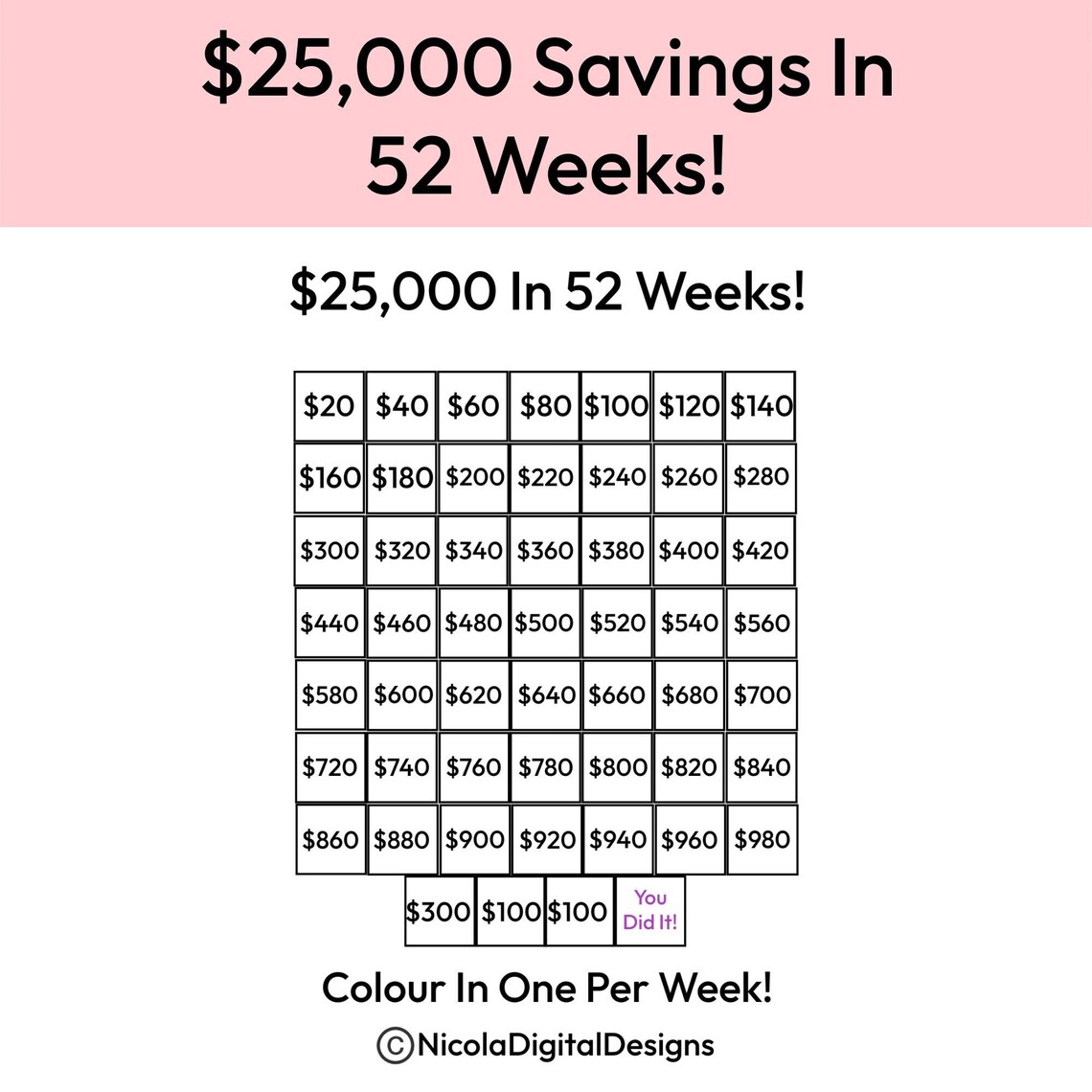 25,000 Money Saving Challenge Printable / Save 25,000 in 52 Weeks ...
