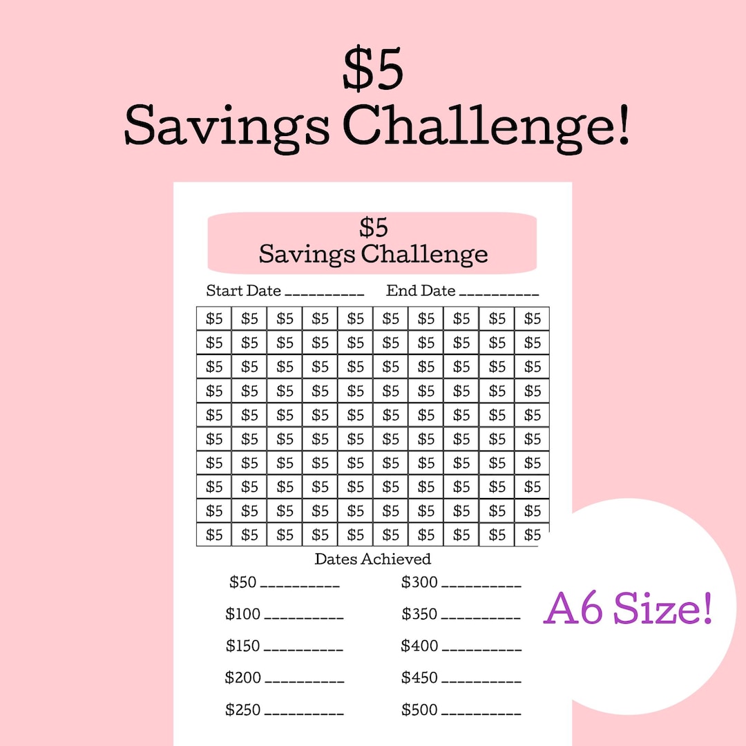 5 Dollar Savings Challenge Printable / 5 Dollar Challenge Fits A6 ...