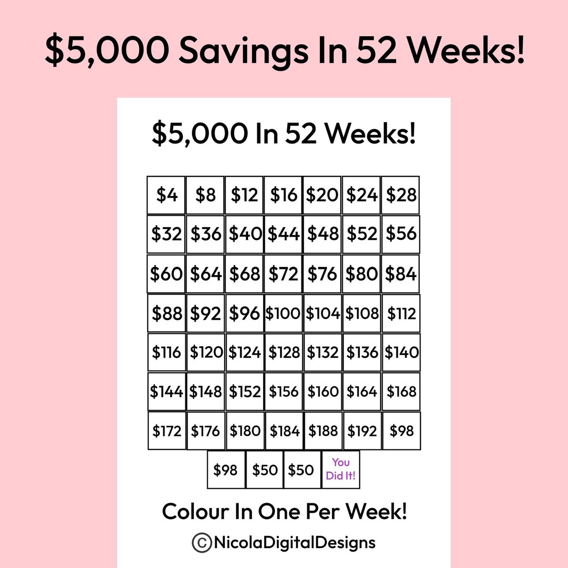 5000 Money Saving Challenge Printable / Save 5000 in 52 Weeks / Savings ...