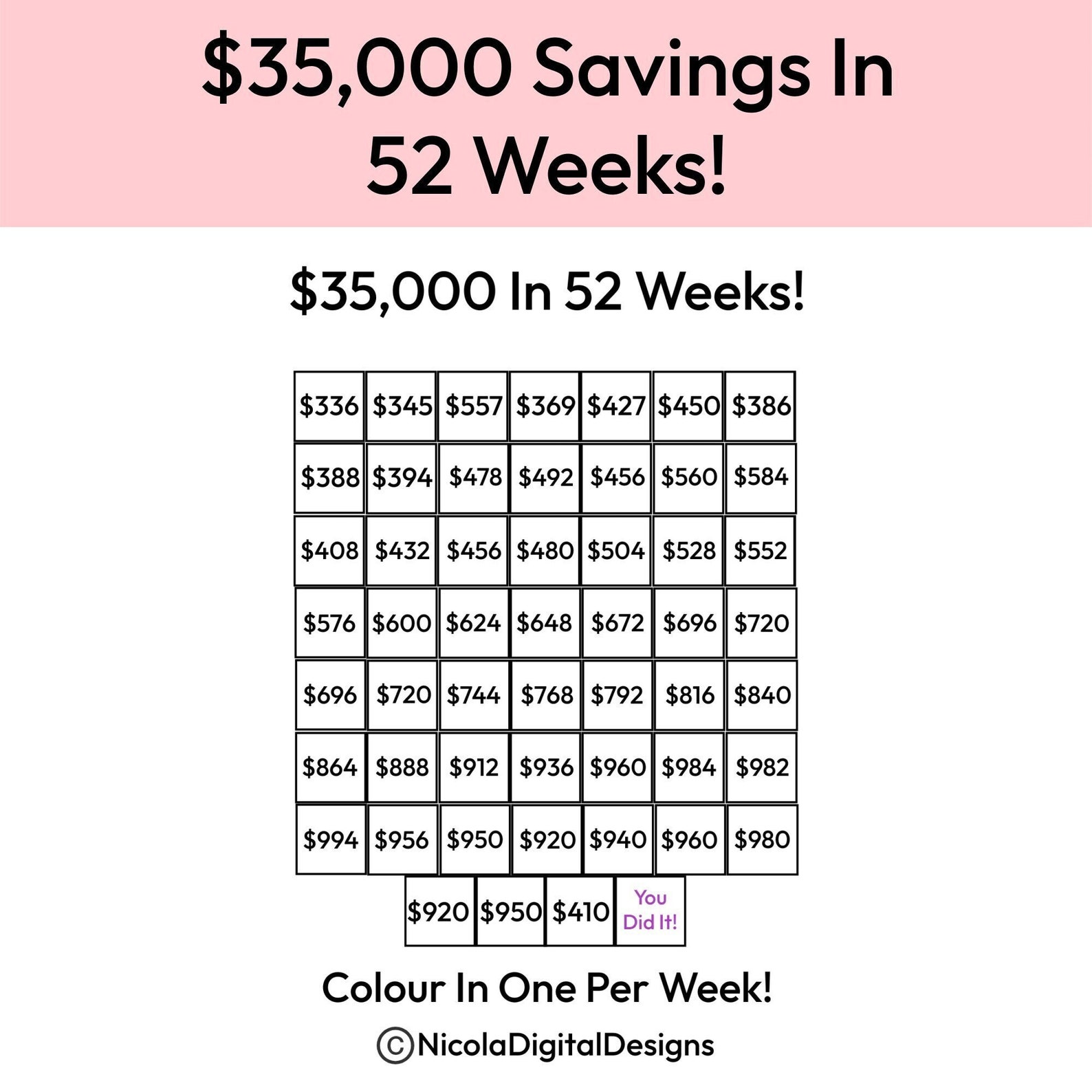 35,000 Money Saving Challenge Printable / Save 35,000 in 52 Weeks ...