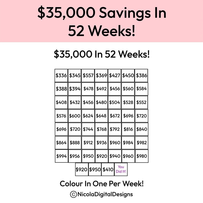35 000 Money Saving Challenge Printable Save 35 000 In 52 Weeks 35 000 Money Saving Challenge Printable Save 35 000 In 52 Weeks