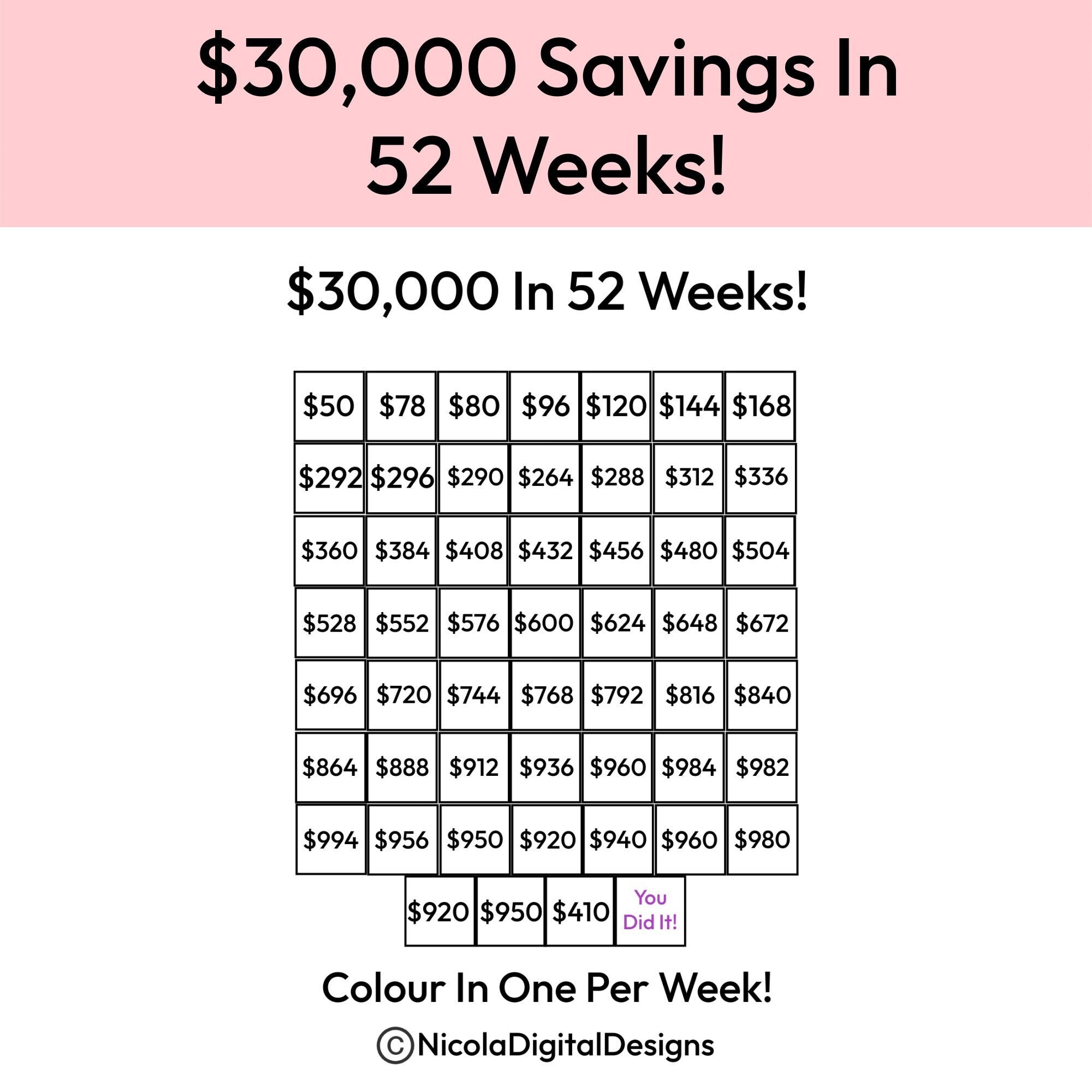 30 000 Money Saving Challenge Printable Save 30 000 In 52 Weeks 30 000 Money Saving Challenge Printable Save 30 000 In 52 Weeks
