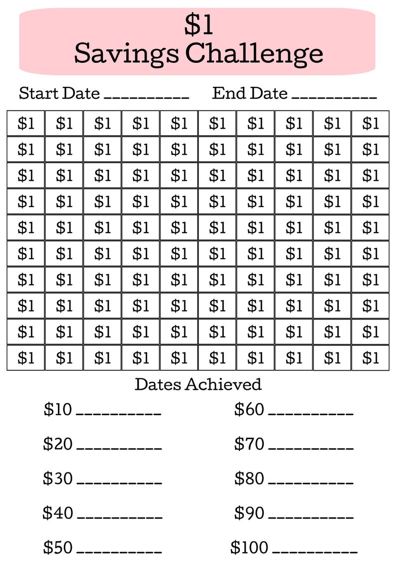 1 Dollar Savings Challenge Printable / 1 Dollar Challenge Fits A6 ...