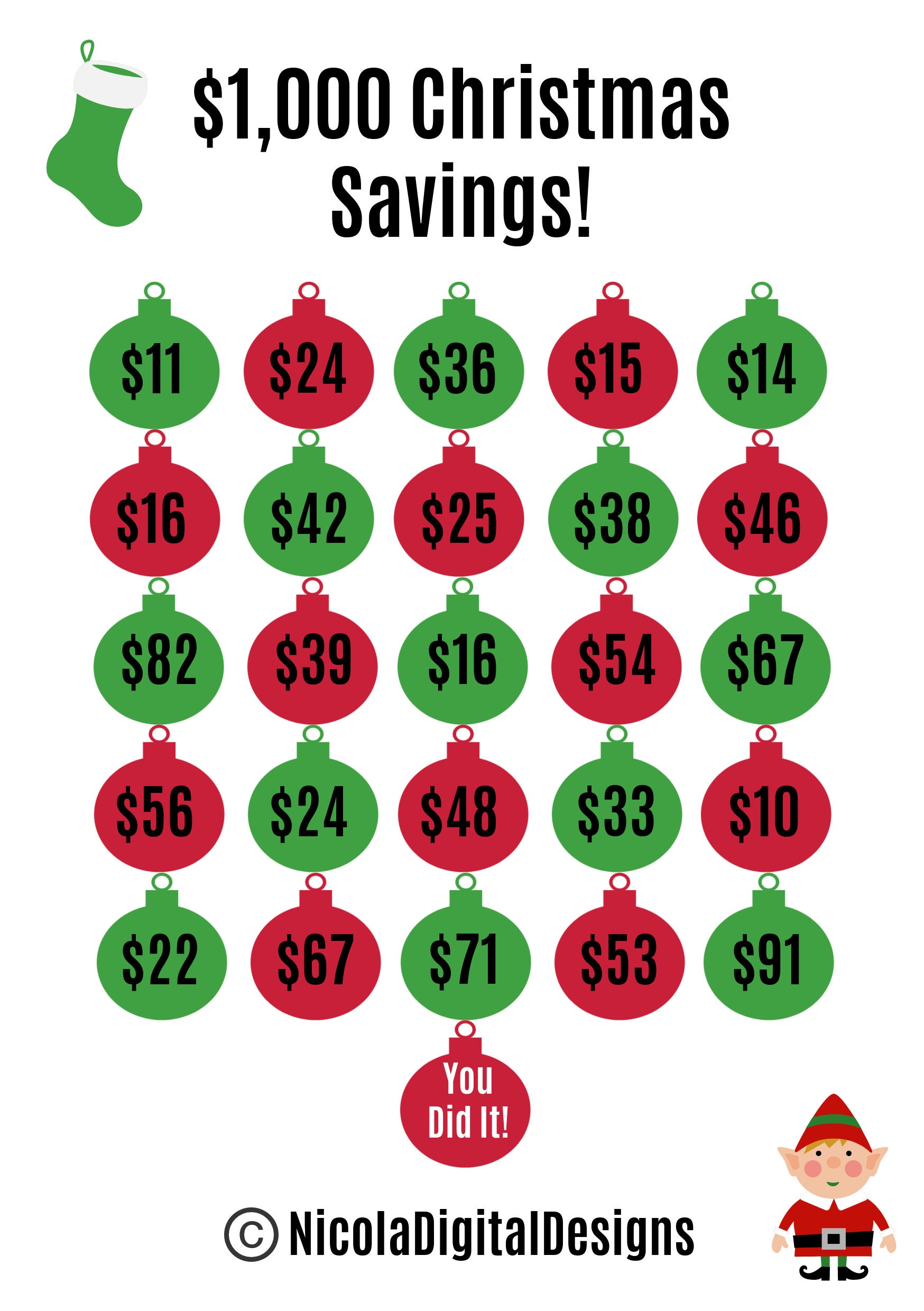 1,000 Christmas Savings Printable, 1,000 Money Saving Challenge ...