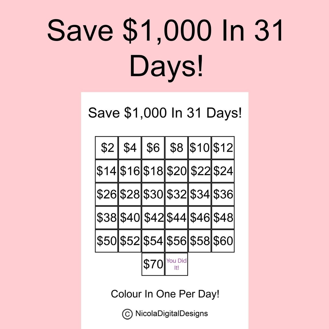 1000 Money Saving Challenge Printable / Save 1000 in 31 Days / Savings ...