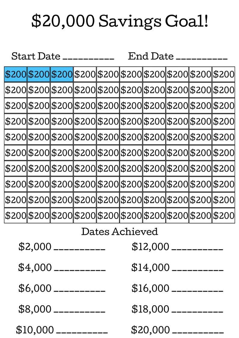 20,000 Savings Goal / 20,000 Savings Challenge / Savings Tracker ...