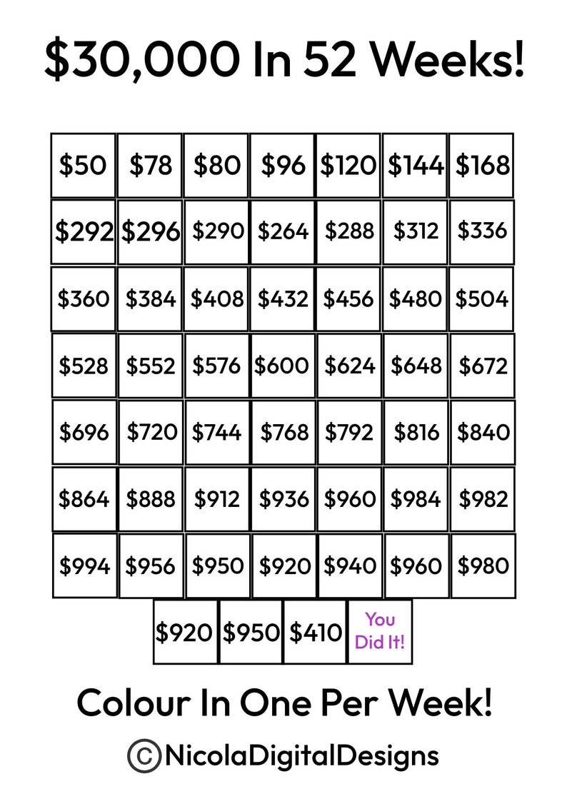 30,000 Money Saving Challenge Printable / Save 30,000 in 52 Weeks ...