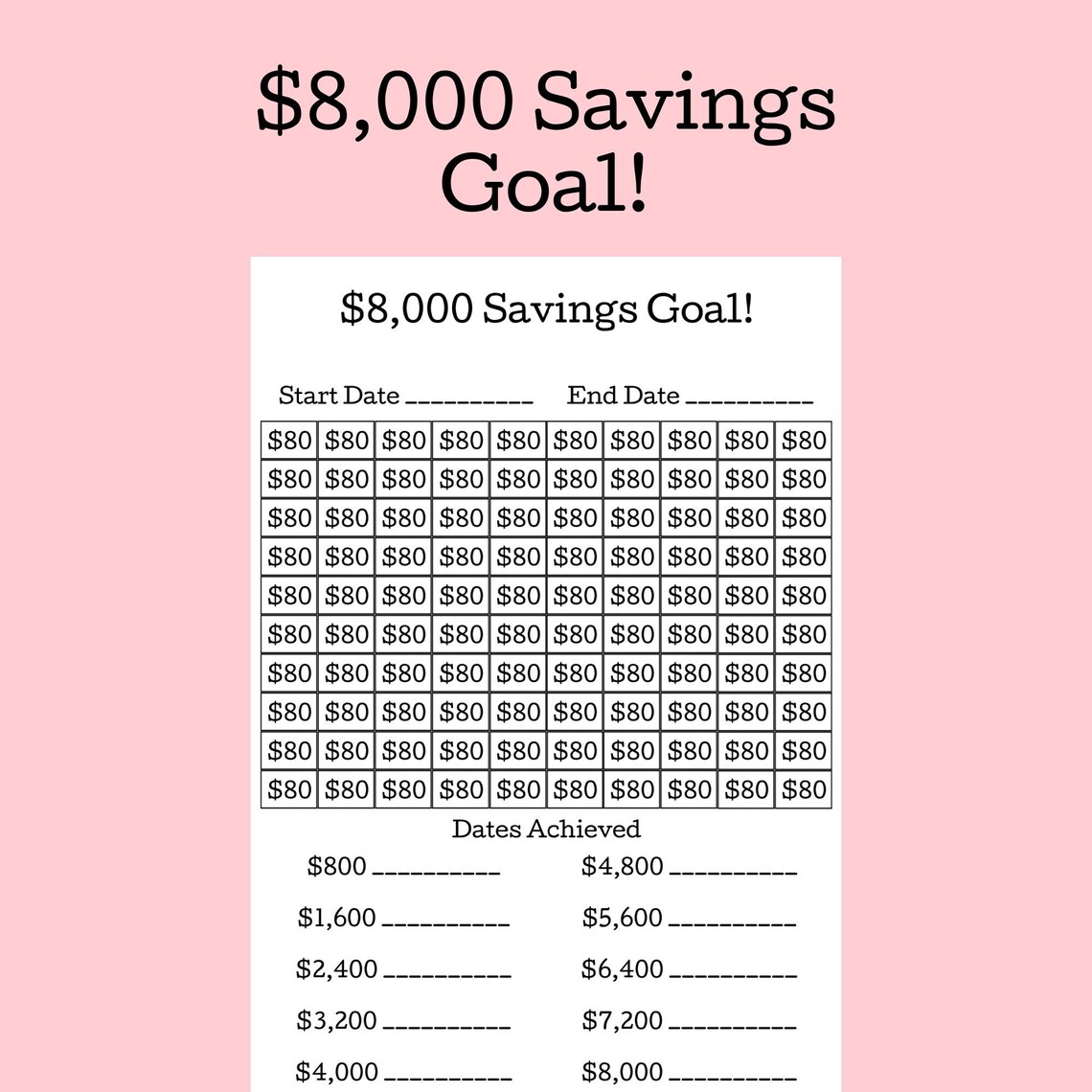 8,000 Savings Goal / 8,000 Savings Challenge / Savings Tracker ...