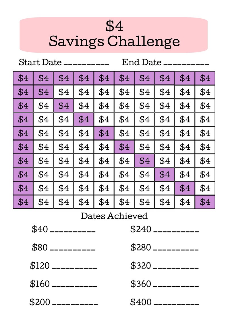 4 Dollar Savings Challenge Printable / 4 Dollar Challenge Fits A6 ...