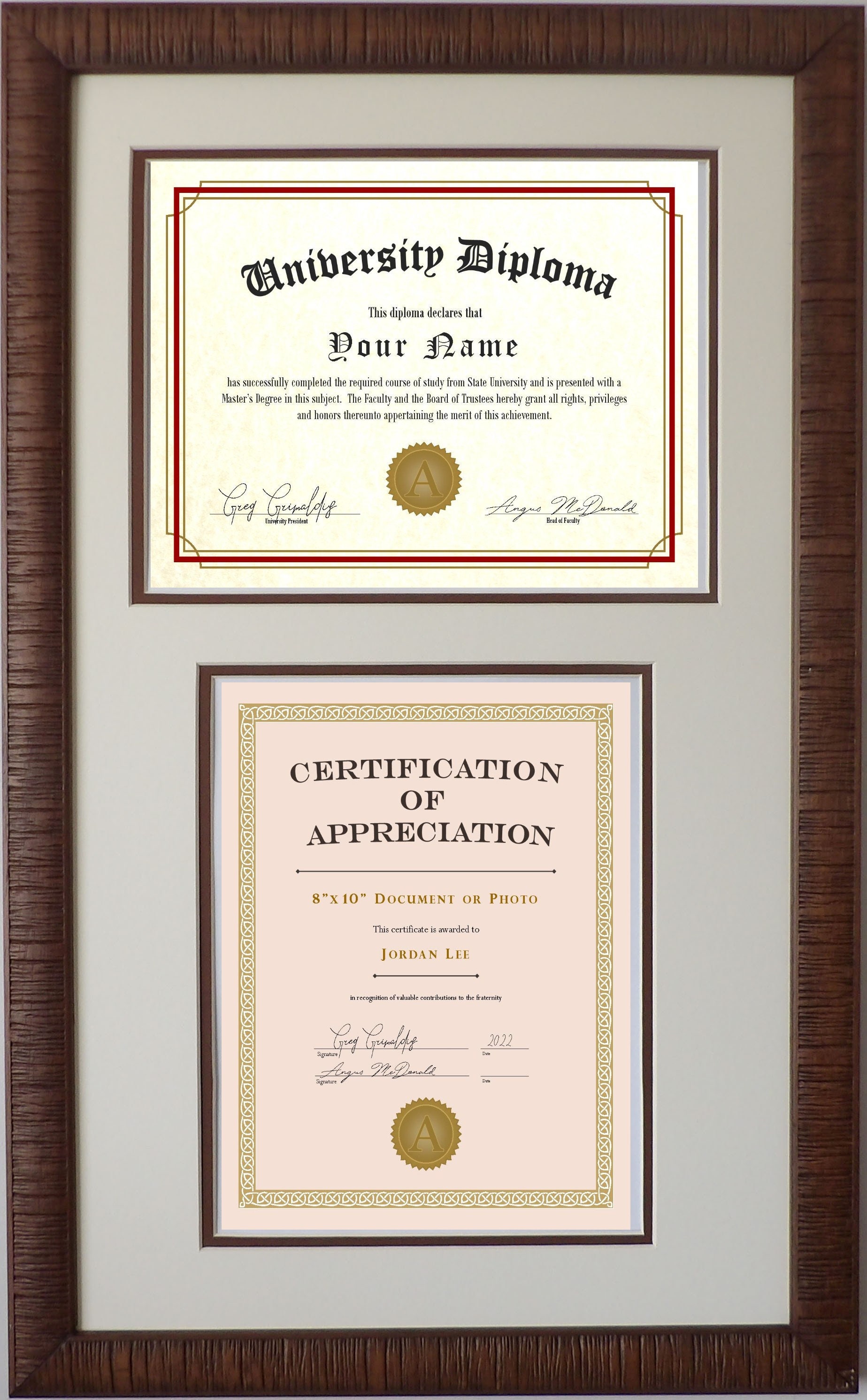 Double Diploma Document Certificate Openings Wood Picture Frame for Two ...