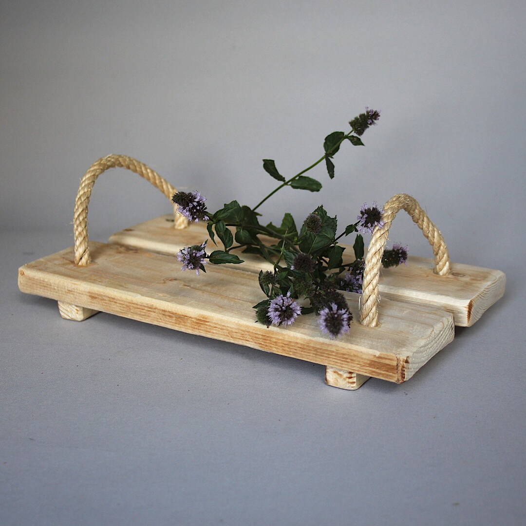 Small Wooden Snack Tray With Cord Handles, Natural Wooden Stand ...