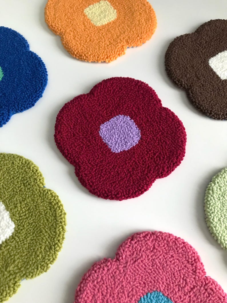 Punch Needle Coasters, Tufted Mug Rug, Coffee Coasters, Mug Rug, Flower ...