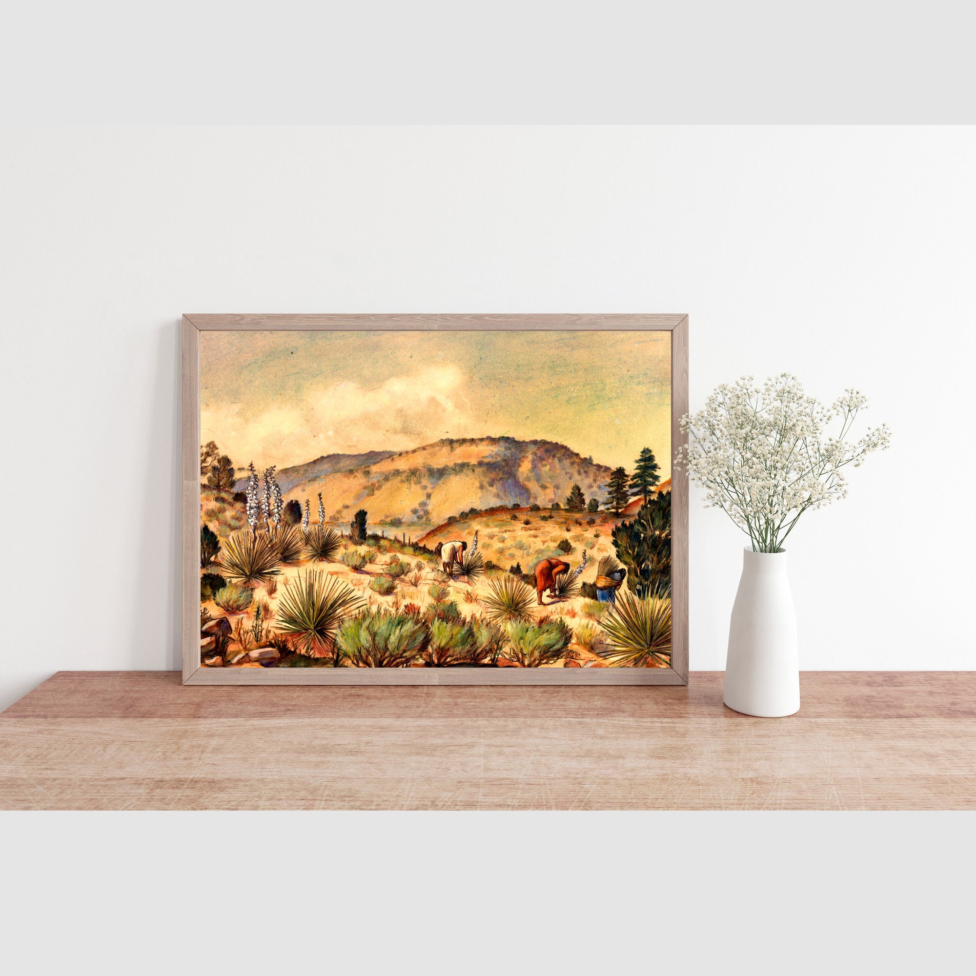 Vintage Print Women Gathering Yucca Plants Southwestern Landscape ...